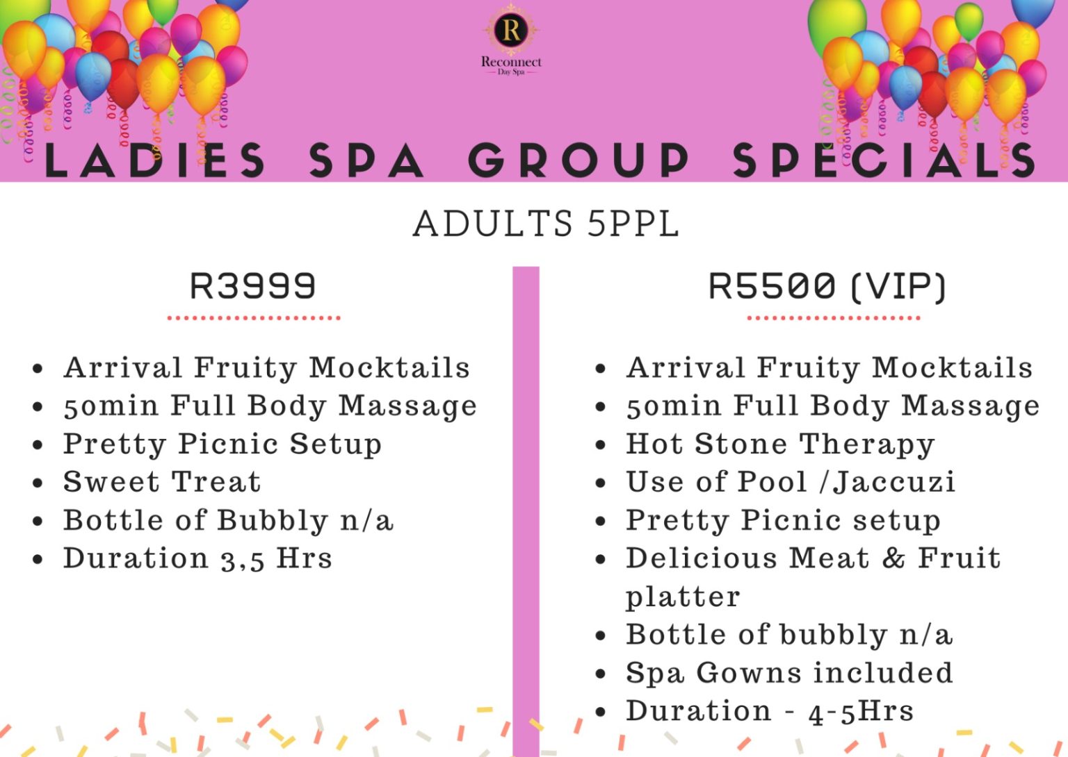 Ladies Group Spa Special (Adults 5 PPL) - Reconnect Day Spa