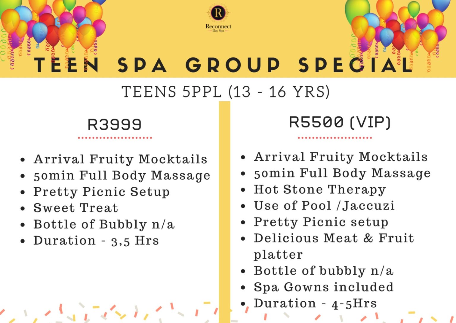 Teen spa group special - Teens 5 ppl (13-17 yrs) - Reconnect Day Spa